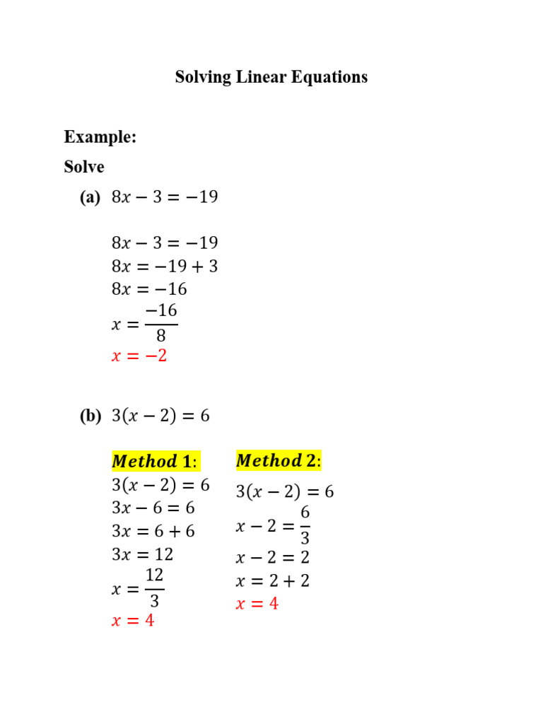 Solving Linear Equations - Classwork | PDF