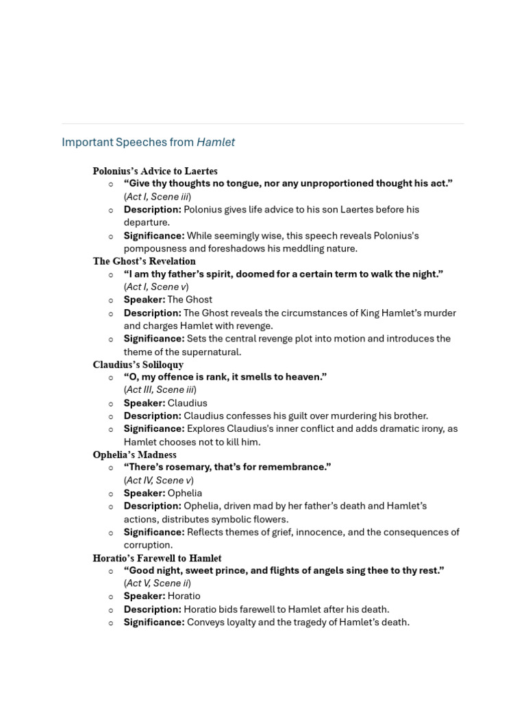 Important Speeches From: Hamlet | PDF | Hamlet | King Lear