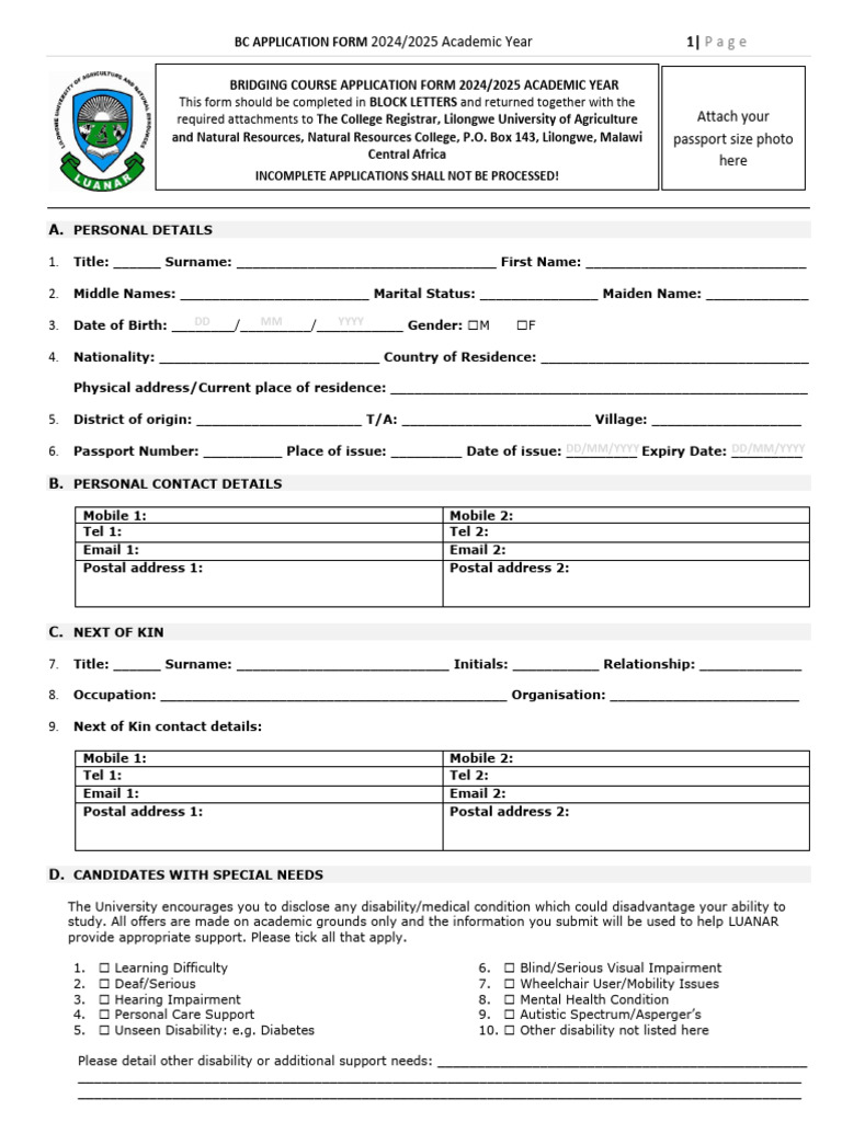 NRC Bridging Course Application Form 2024 - 25 | PDF | Diploma | Disability