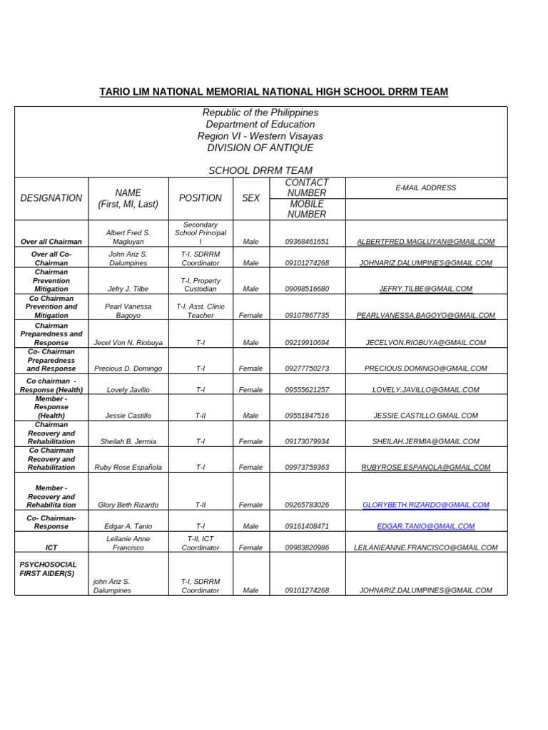 Tario Lim National Memorial National High School DRRM Team | PDF