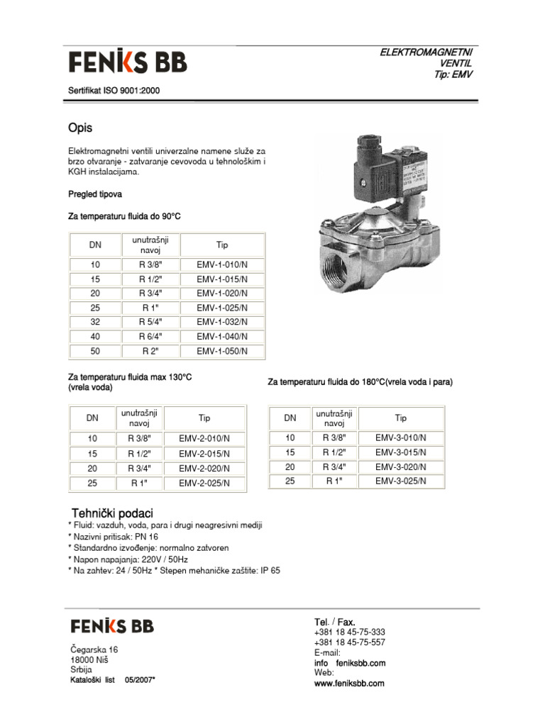 Elektromagnetni Ventil Tip: EMV: Katalo (Ki List 05/2007 | PDF