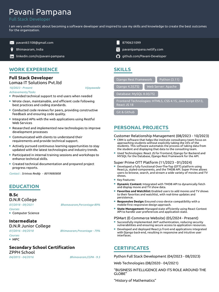 Pavani - Full Stack Developer | PDF | My Sql | Computing