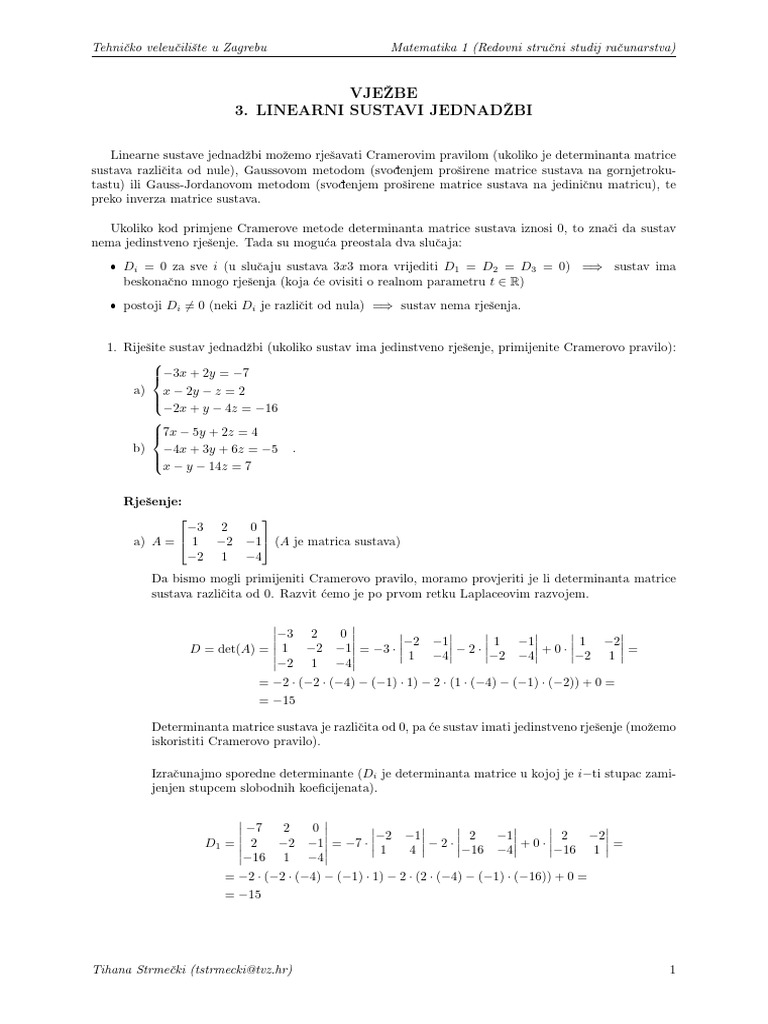 MAT1 Redovni RAC - 3 Linearni Sustavi Jednadzbi - Vjezbe Strmecki | PDF