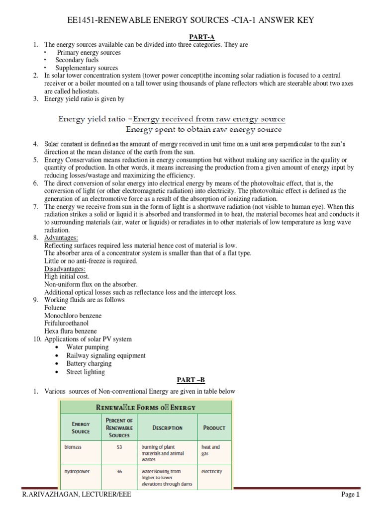 Ee1451-Renewable Energy Sources-Set-1-Answer Key | Download Free PDF ...