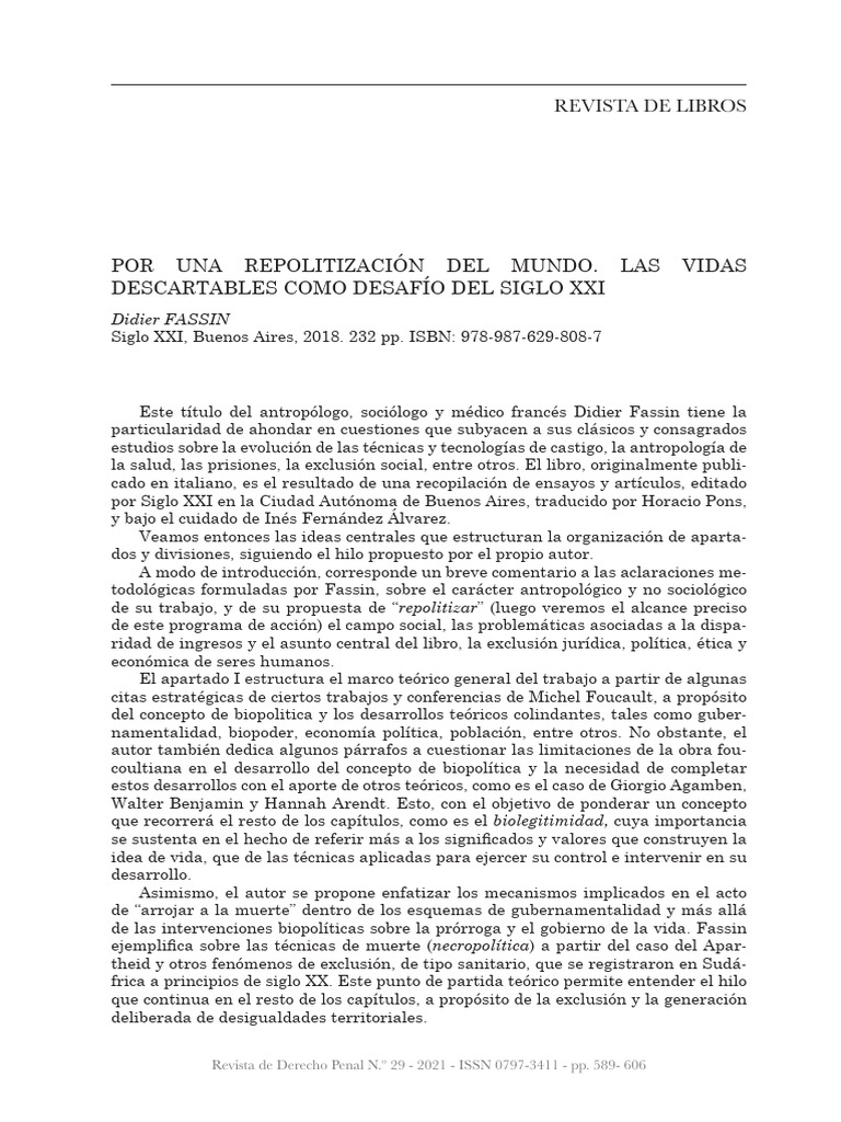 Repolitización y vidas descartables en Fassin | PDF | Derecho penal ...