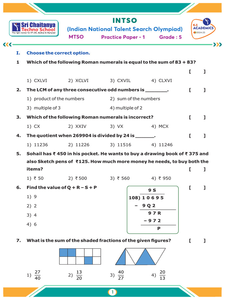 INTSO - MTSO - Grade-5 - Practice Paper-1 - 2024 | PDF | Arithmetic ...