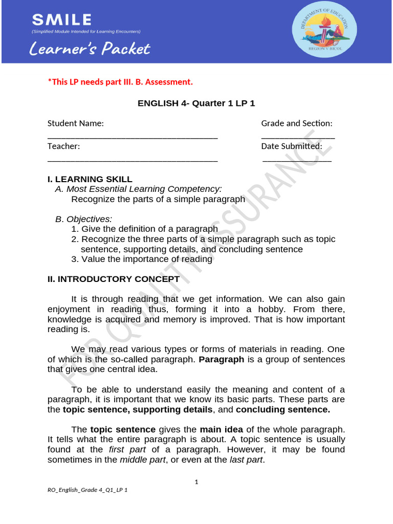 Edited SMILE Packet English4 Q1 LP 1 | PDF | Paragraph | Microorganism