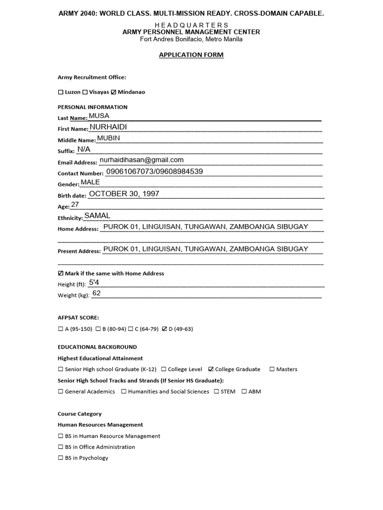 Army Recruitment Application Form | PDF | Engineering | Bachelor Of Science