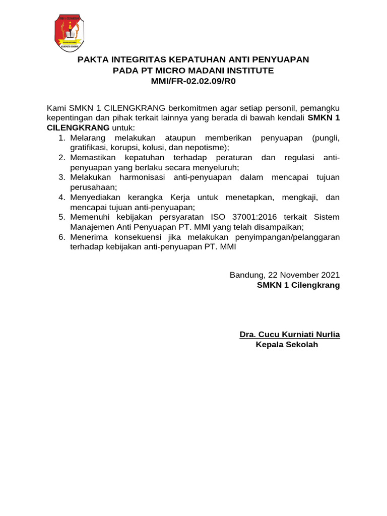 Pakta Integritas Kepatuhan Anti Penyuapan - PT - Mmi | PDF