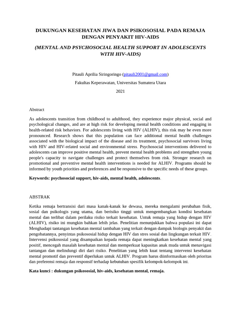 Dukungan Kesehatan Mental Dan Psikososial Pada Remaja Dengan Penyakit Hiv-Aids | PDF