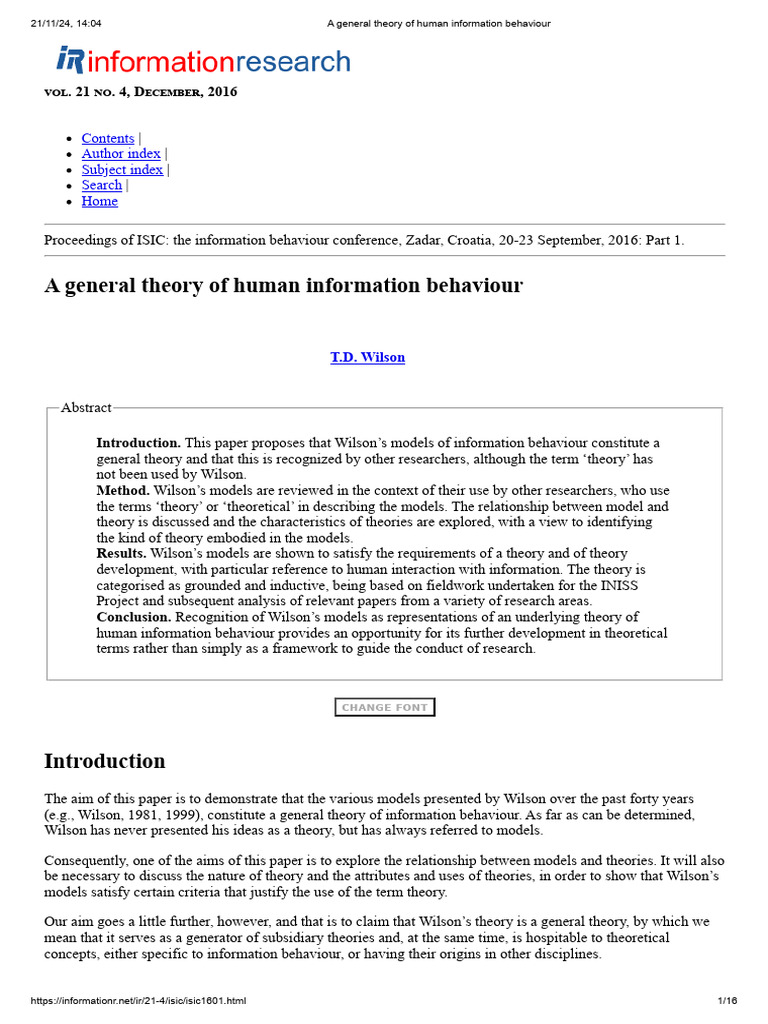 A General Theory of Human Information Behaviour | PDF | Theory | Information