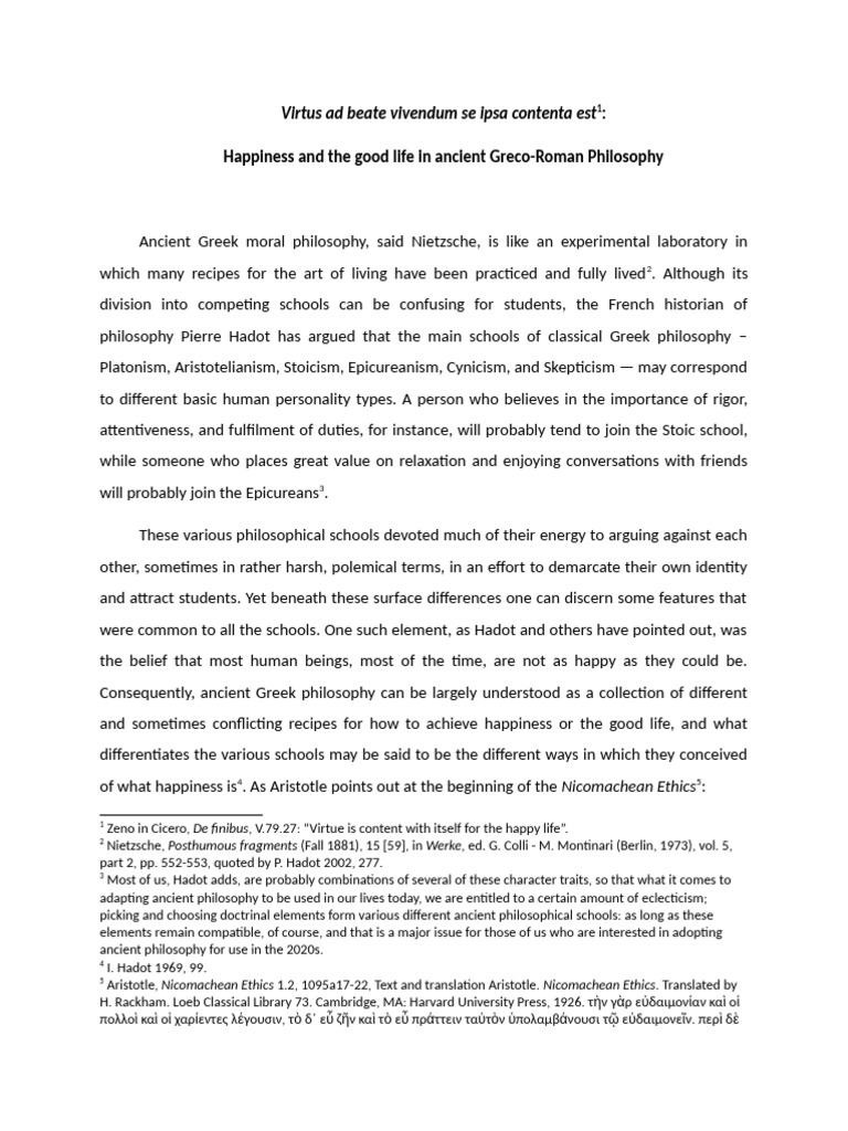 Virtus Ad Beate Vivendum Se Ipsa Contenta Est - Happiness and The Good Life in Ancient Greco ...