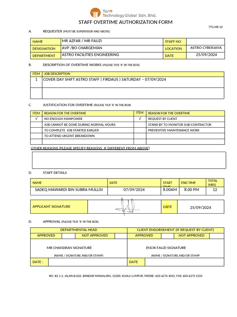 Staff Overtime Authorization Form | PDF