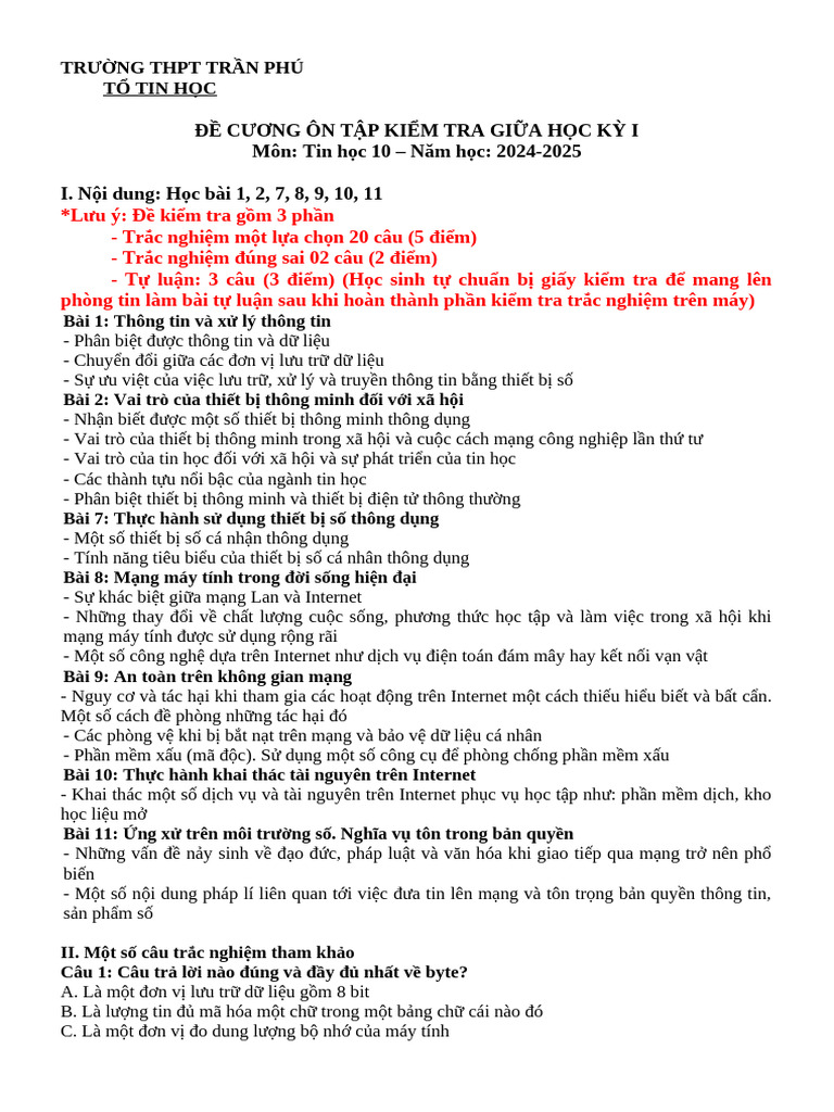 k10 - de Cuong Giua Ky 1 - HS | PDF