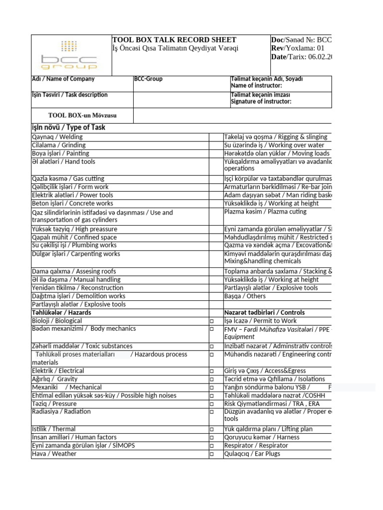 Şin Növü / Type of Task: Tool Box Talk Record Sheet Doc Rev Date | PDF