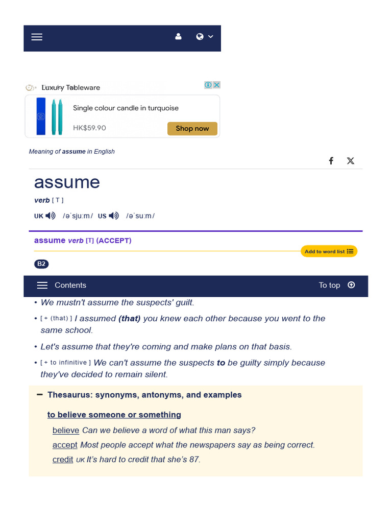 ASSUME - English Meaning - Cambridge Dictionary | PDF | Linguistics
