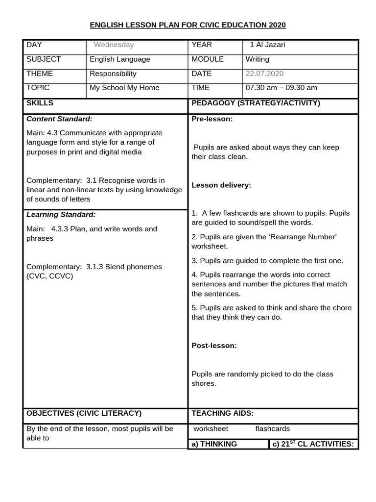 Y1 Civic July Responsibility | PDF | Lesson Plan | Teaching
