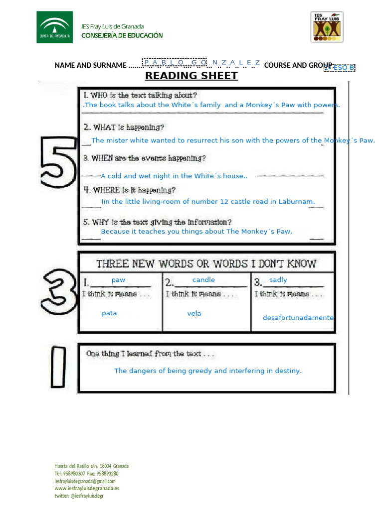 Reading Sheet 2. | PDF
