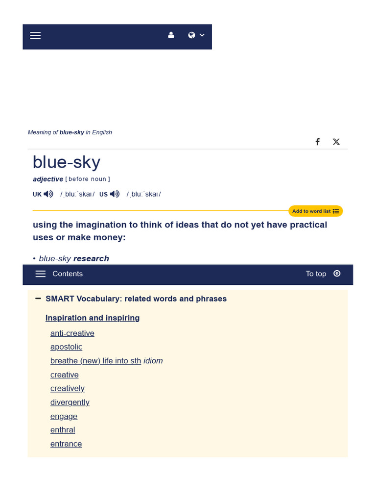BLUE-SKY - English Meaning - Cambridge Dictionary | PDF | English ...