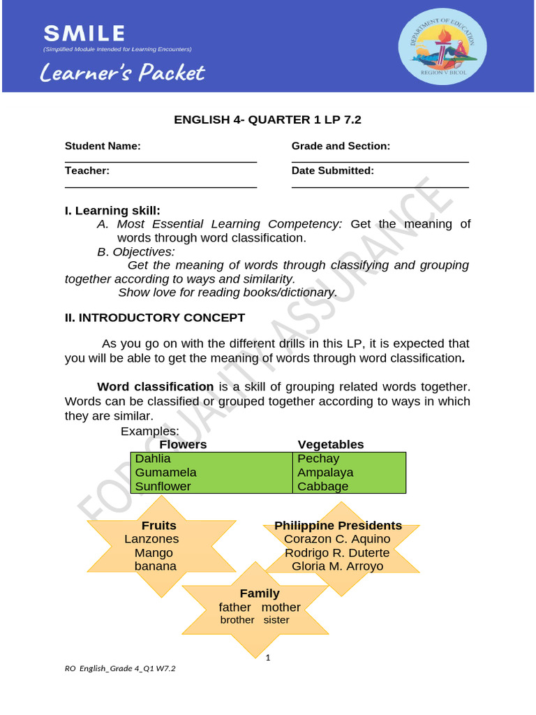 Edited SMILE Packet English4 Q1 LP 7.2 | PDF