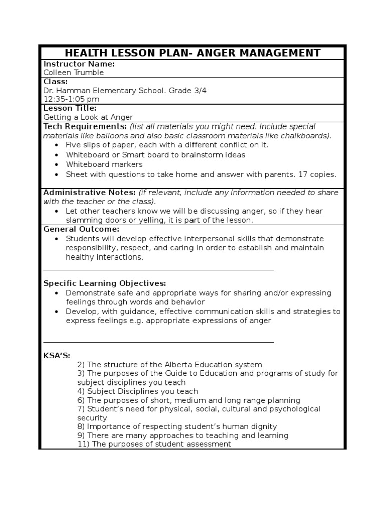 Health Lesson Plan Anger Recognition Grade 3/4 | PDF | Lesson Plan | Anger
