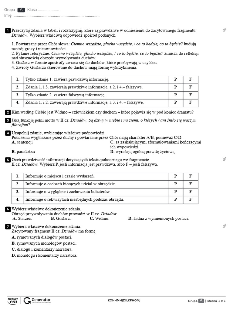Adam Mickiewicz, Dziady" Cz. II Test (Bez Widocznej Punktacji) | PDF