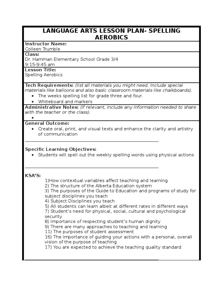 Spelling Aerobics Lesson Plan for Grades 3-4 | PDF | Lesson Plan | Teachers