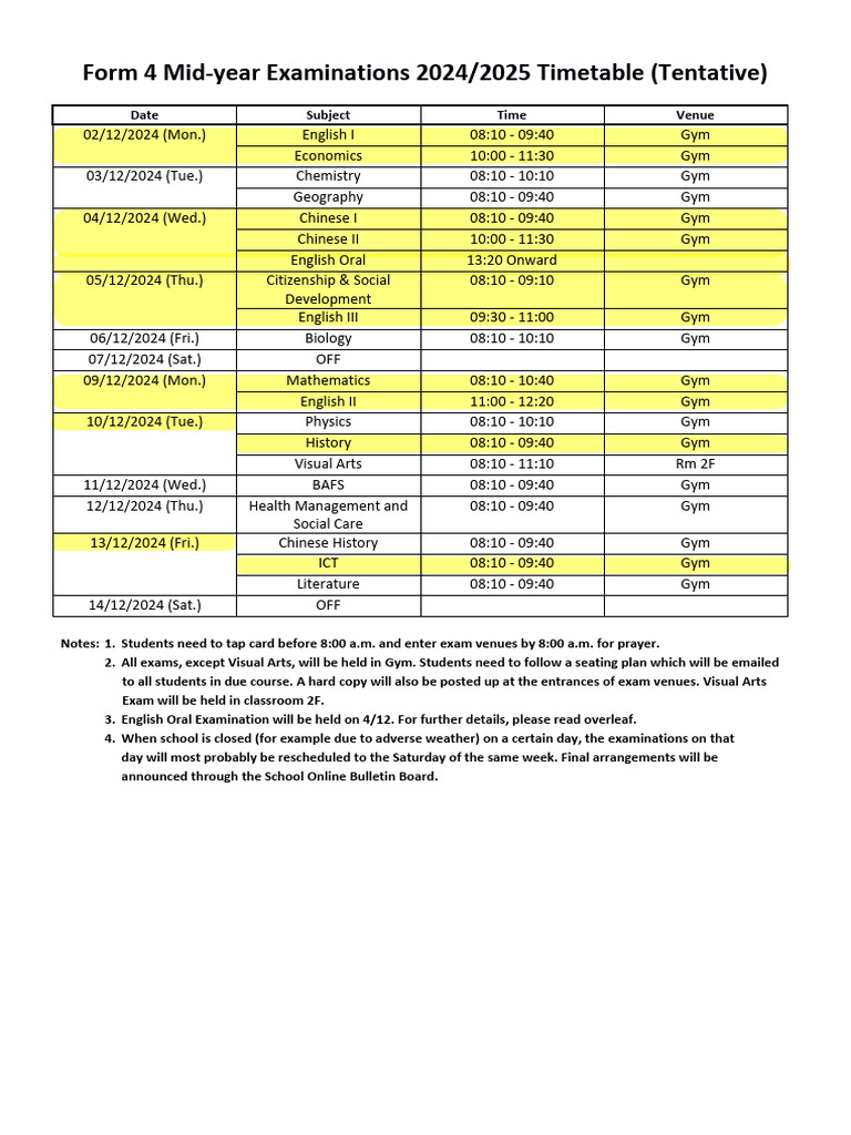 F.4 Mid-Year Exam Timetable 2024-2025 Tentative | PDF | Qualifications | Educational Stages