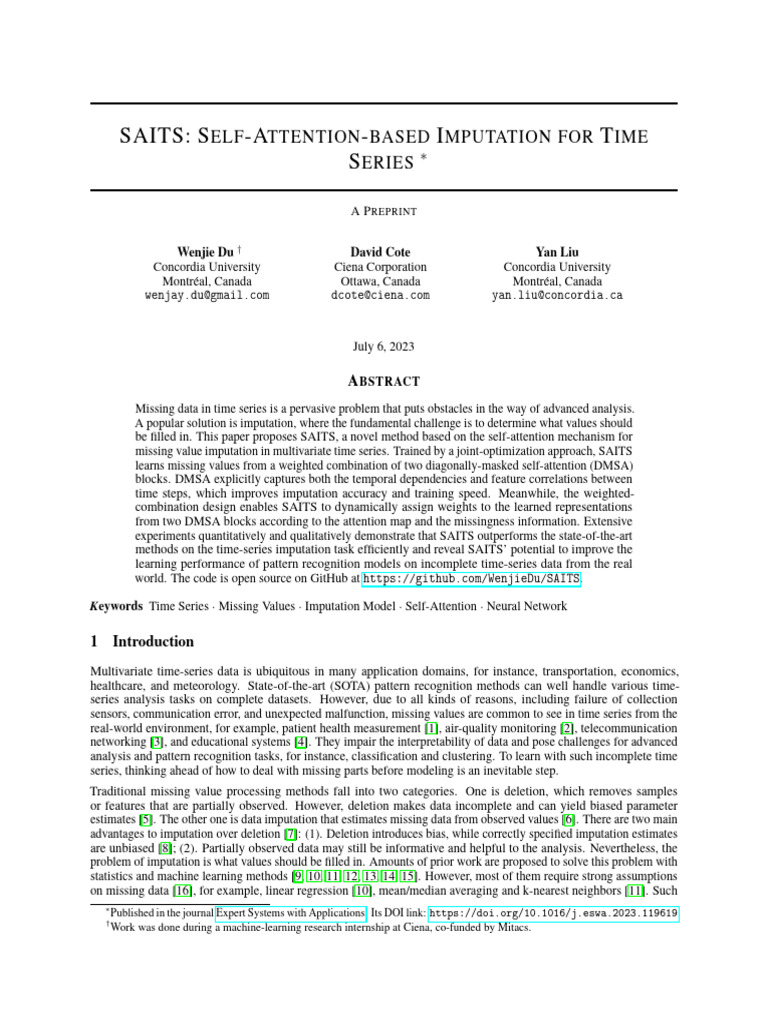 SAITS: Self-Attention Time Series Imputation | PDF | Time Series ...