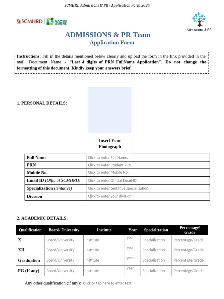 Admission & PR Application Form 2024 | PDF