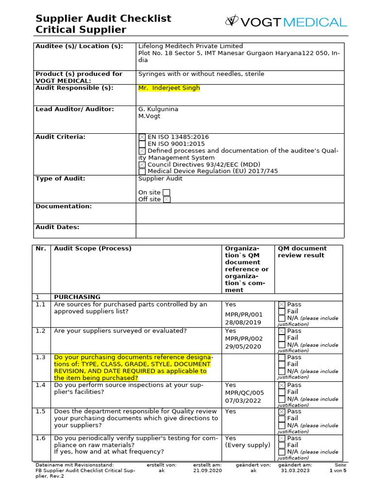Supplier Audit Checklist Critical Supplier - Lifelong Meditech Private Limited (AutoRecovered ...