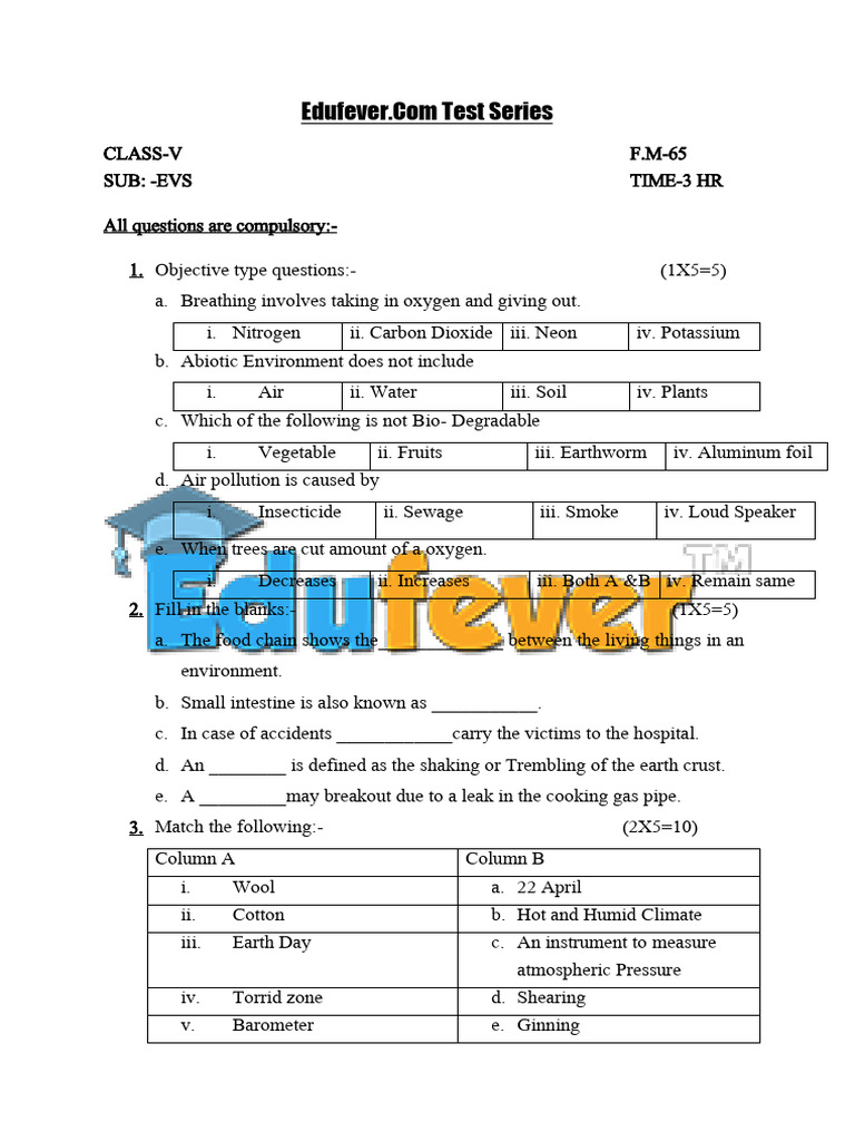 Class V EVS Sample Paper | PDF | Soil | Water