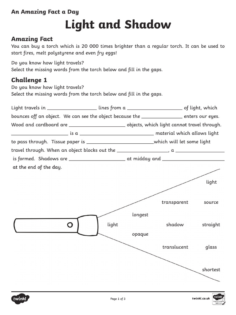 Light and Shadows Worksheet | PDF