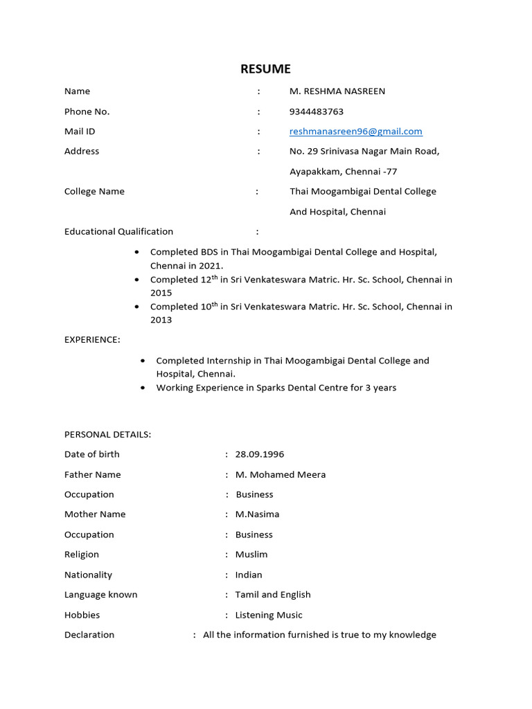 RESUME - Reshma Nasreen | PDF