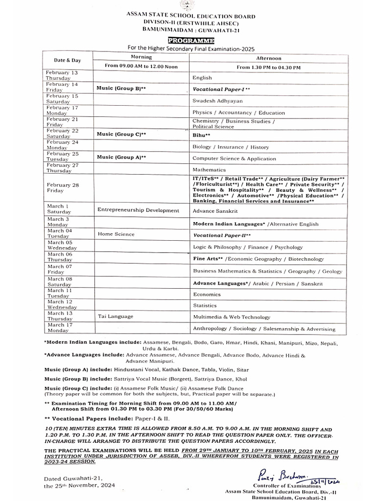 H S Final Examination-2025 Programme | PDF