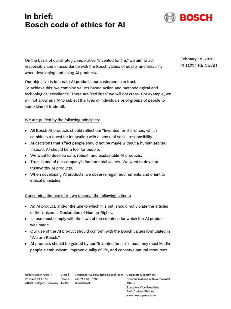 Bosch Code of Ethics For AI | PDF | Artificial Intelligence ...