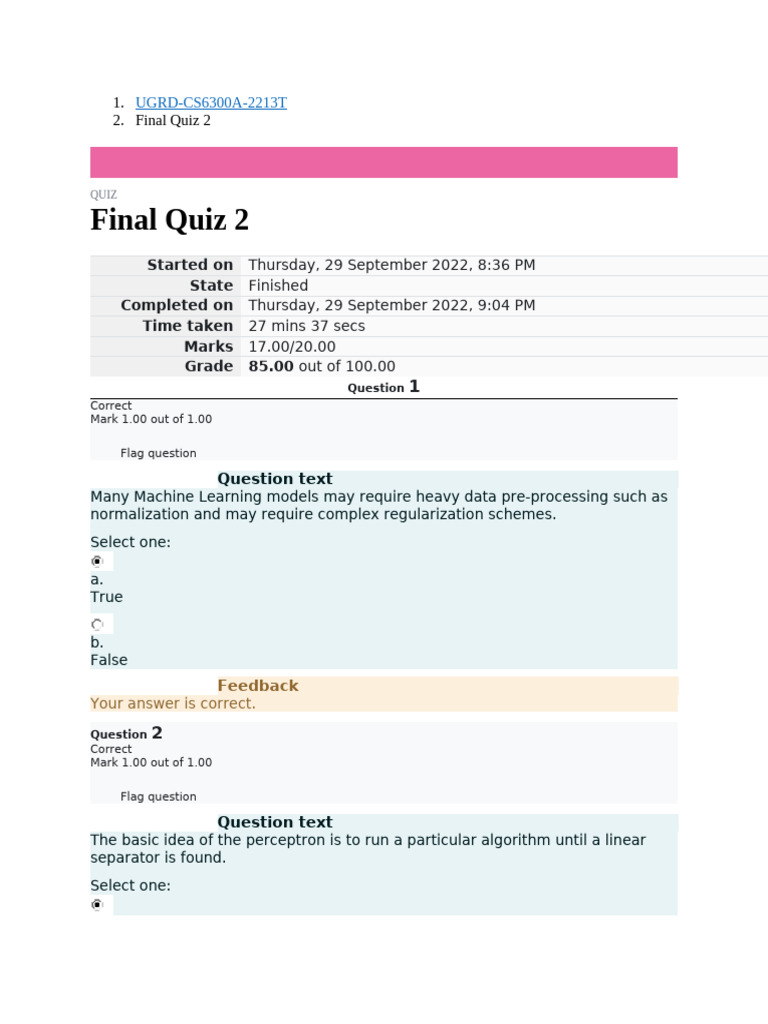 Introduction To Machine Learning - Final Quiz 2 | PDF | Support Vector ...