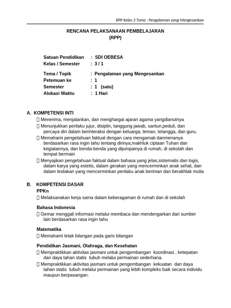 2 RPP Kelas 3 SM 1 - Pengalaman Yang Mengesankan | PDF