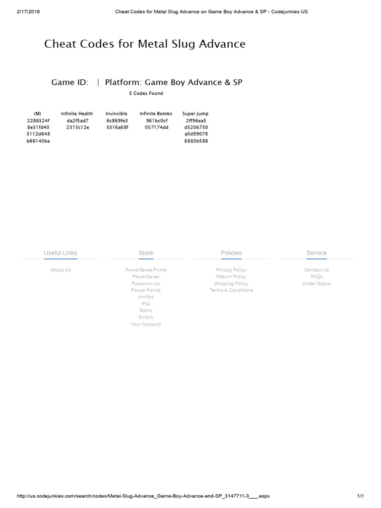 Cheat Codes For Metal Slug Advance On Game Boy Advance & SP - Codejunkies US | PDF