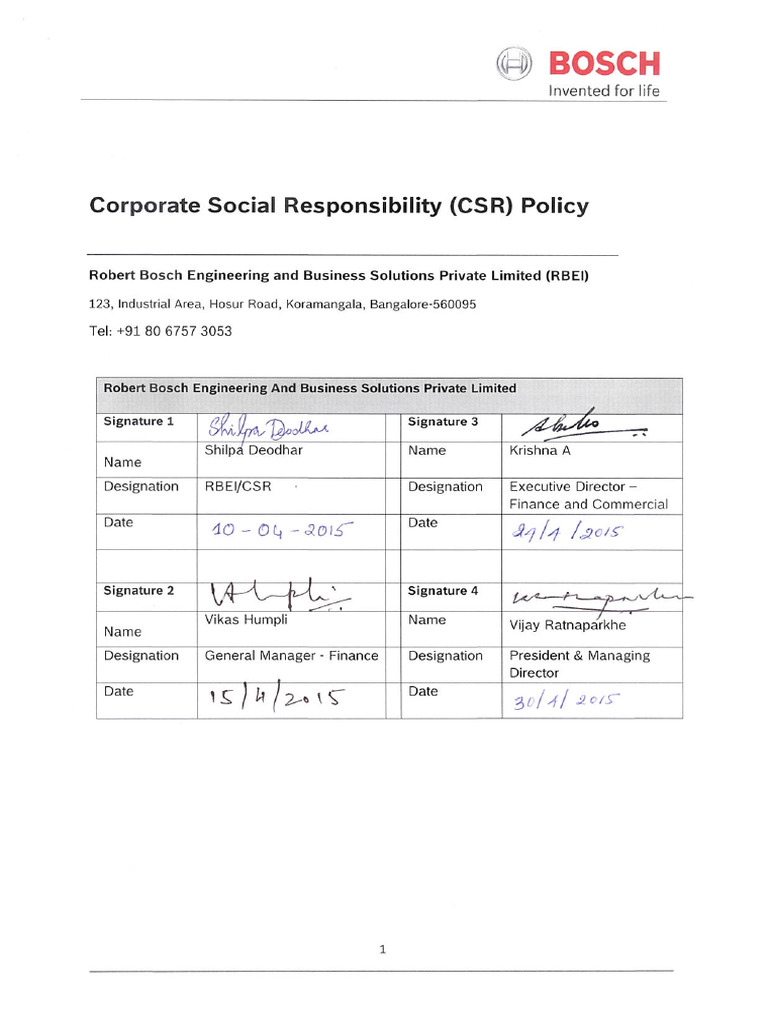 CSR Policy - BOSCH 2015 | PDF