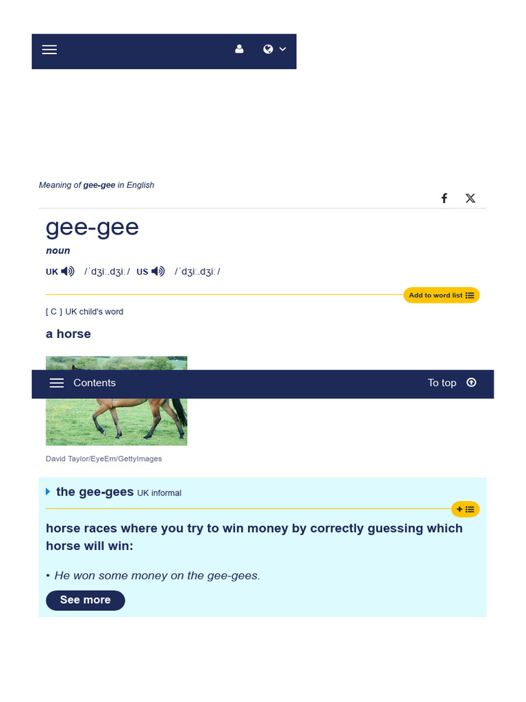GEE-GEE - English Meaning - Cambridge Dictionary | PDF | English ...