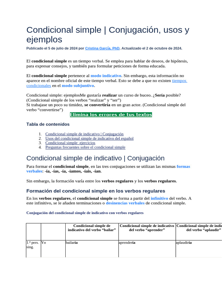 Condicional Simple: Conjugación y Usos | PDF | Verbo | Conjugación ...