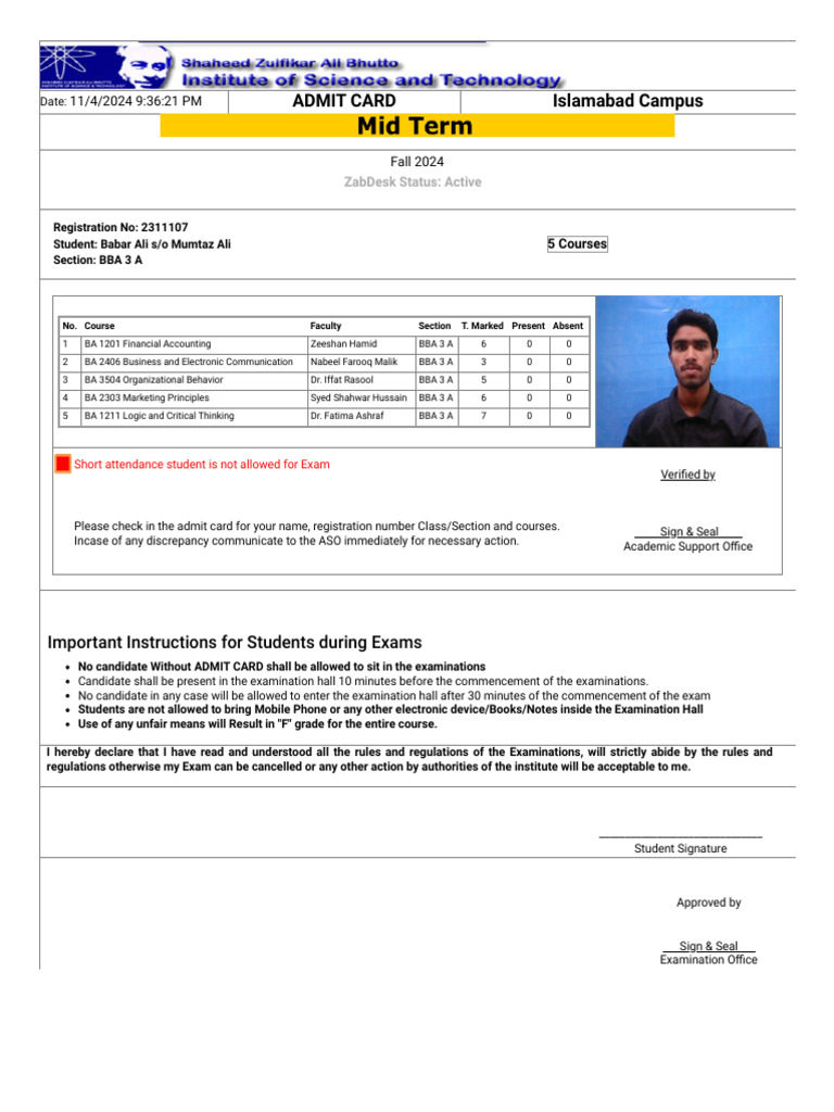 SZABIST Admit Card Fall2024 | PDF