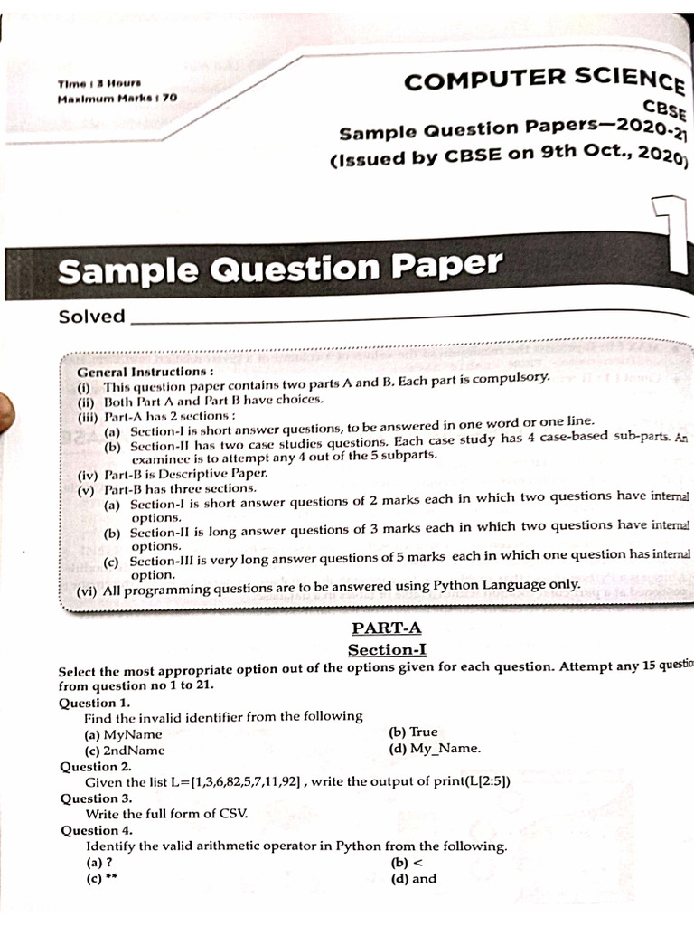 Sample Paper-1 Section A Solution | PDF