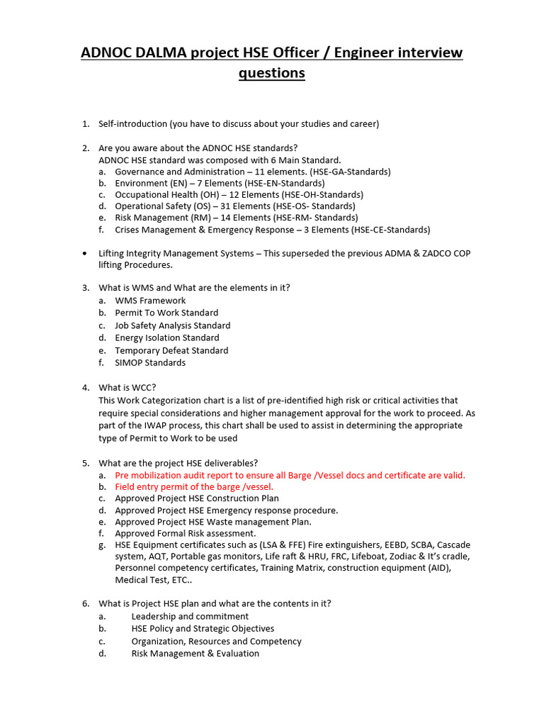 ADNOC HSE Officer Interview Questions | PDF | Crane (Machine) | Toxicity