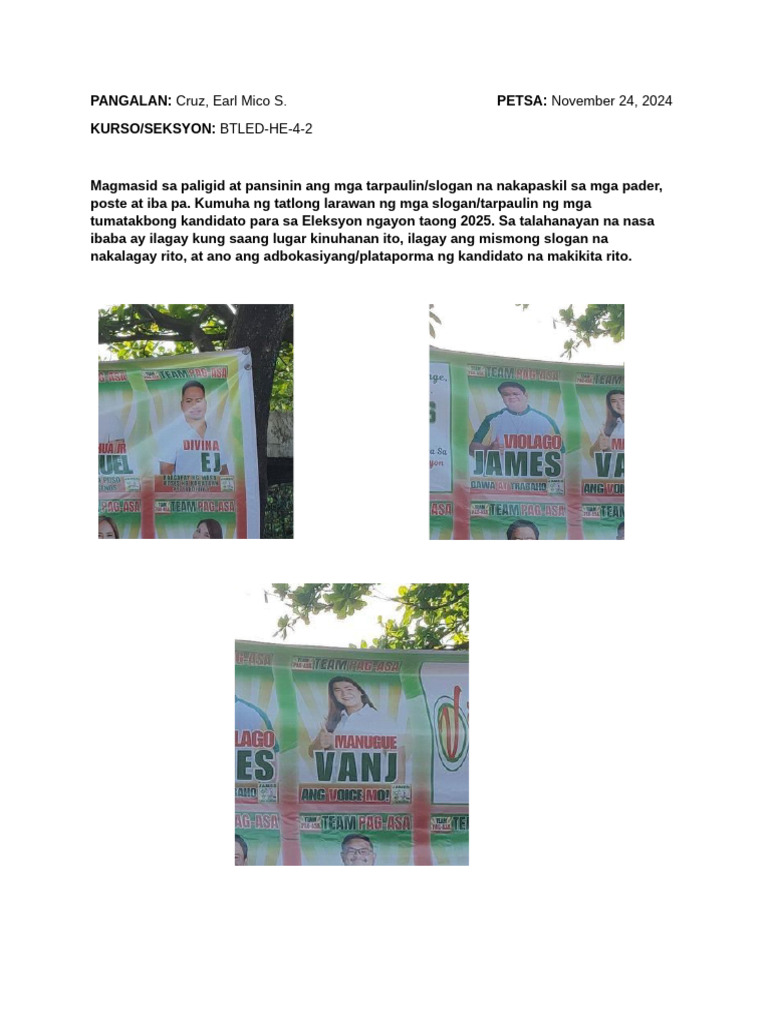 Cruz - Earl Mico - Mga Slogan (Eleksyon 2025) | PDF