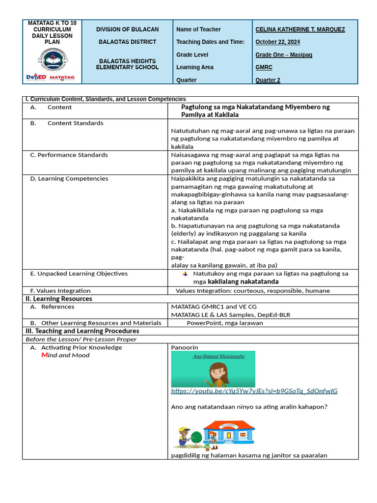 Matatag DLP GMRC Math Day2 Q2 W4 | PDF