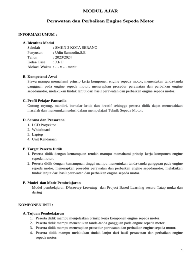 MODUL AJAR Perawatan Dan Perbaikan Engine Sepeda Motor FASE F | PDF