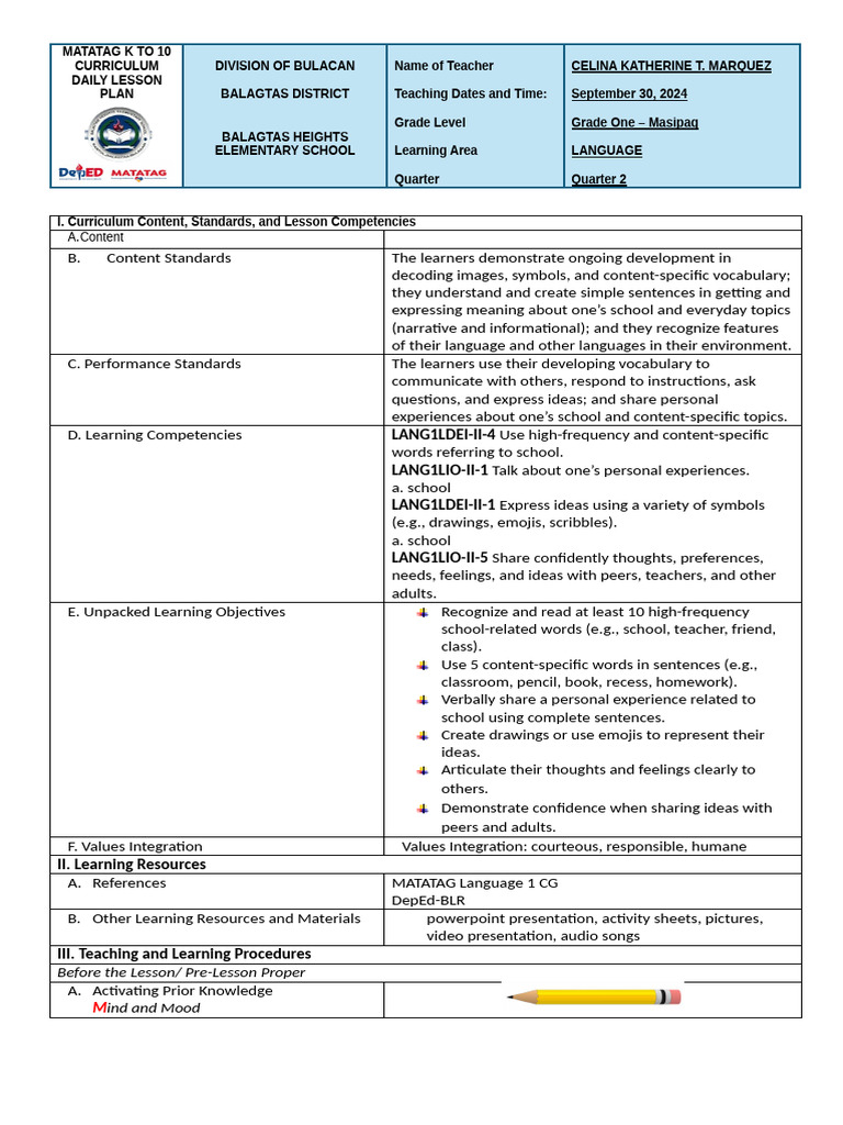 Matatag DLP Language q2 w1 | PDF | Teachers | Curriculum