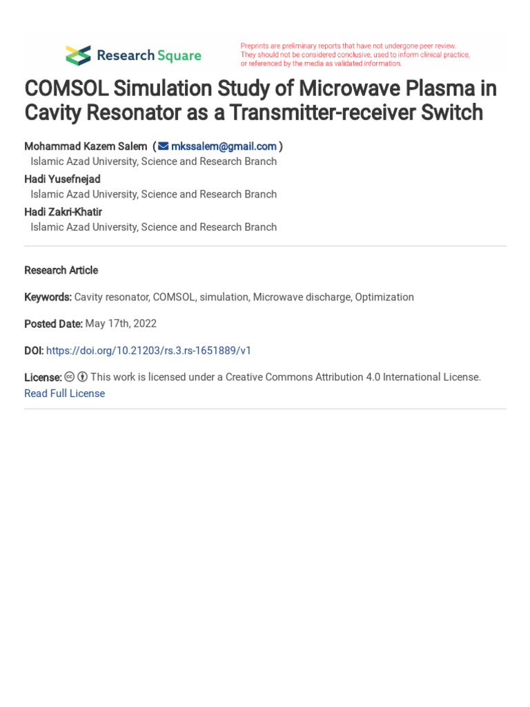 Microwave Plasma Simulation in Cavity Resonator | PDF | Plasma (Physics ...